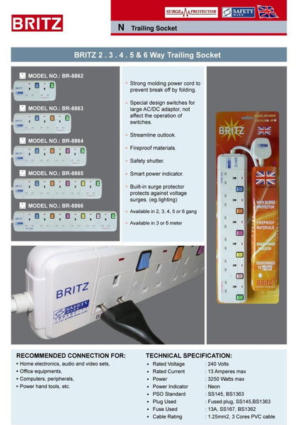 BRITZ BR 8866 6 WAY 3METER SURGE PROTECTION & 2 PIN DIRECT PLUG IN - www.fatherland.com.sg