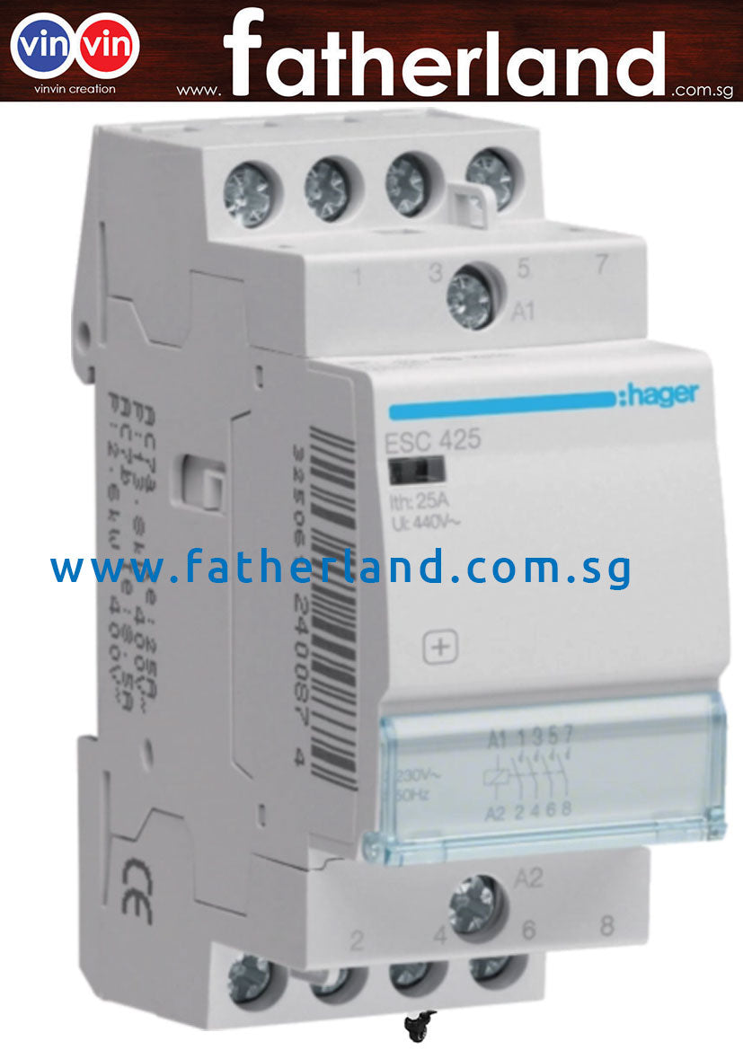Hager Contactor 25A, 4NO, 230V~50Hz ESC425 - www.fatherland.com.sg