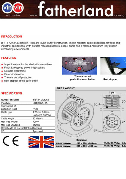 Britz 4-Way Cable Extension Reel 30Metres - www.fatherland.com.sg