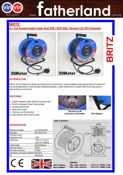 Britz 4-Way Cable Extension Reel 50Metres [Thermal Cut Off Protection ...