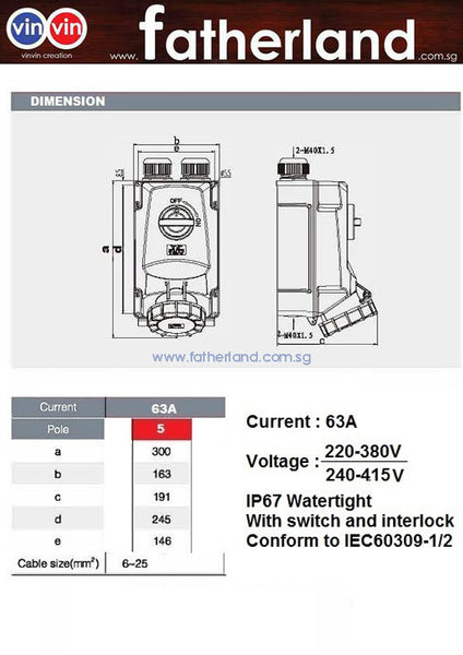 5pin isolator 63A Socket Outlet - www.fatherland.com.sg