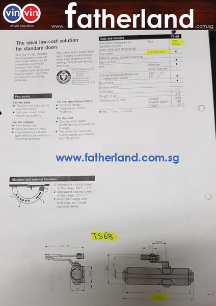 Dorma TS68 Door Closer With Standard Arm - www.fatherland.com.sg