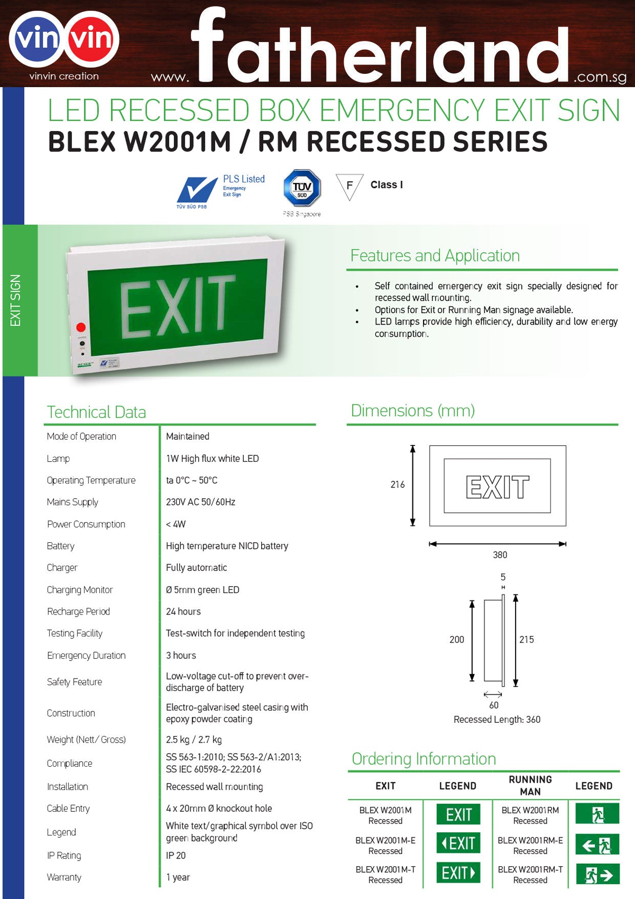 White LED Recessed Box Emergency Exit Sign - www.fatherland.com.sg