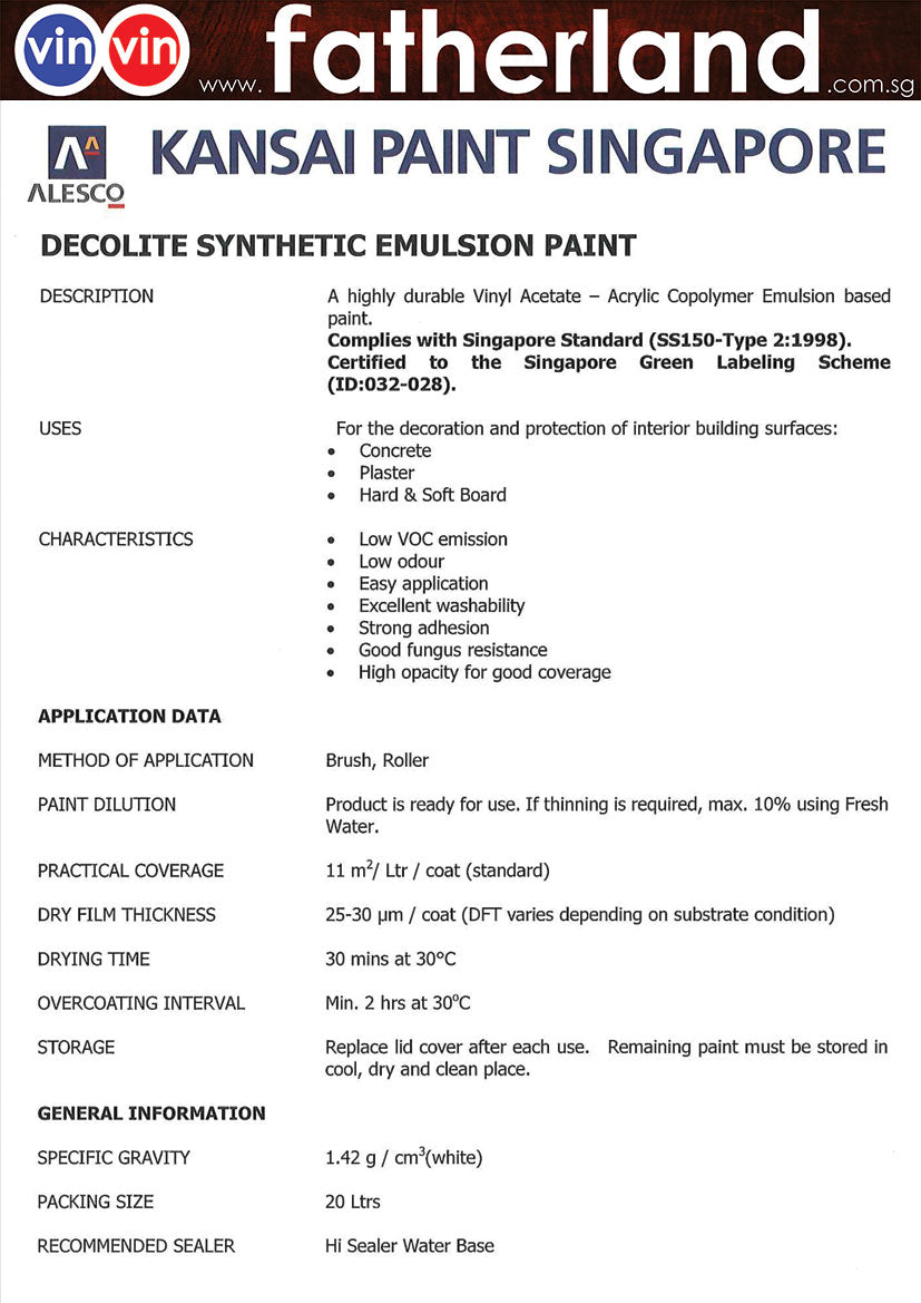 KANSAI PAINT DECOLITE BS 00E55 5LITRE - www.fatherland.com.sg