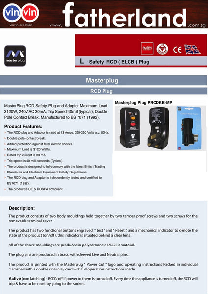 MASTERPLUG 13A SAFETY RCD PLUG - www.fatherland.com.sg