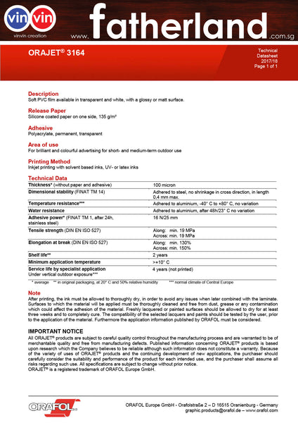 ORAJET® 3164 Glossy Sticker 1260mm x 50m - www.fatherland.com.sg