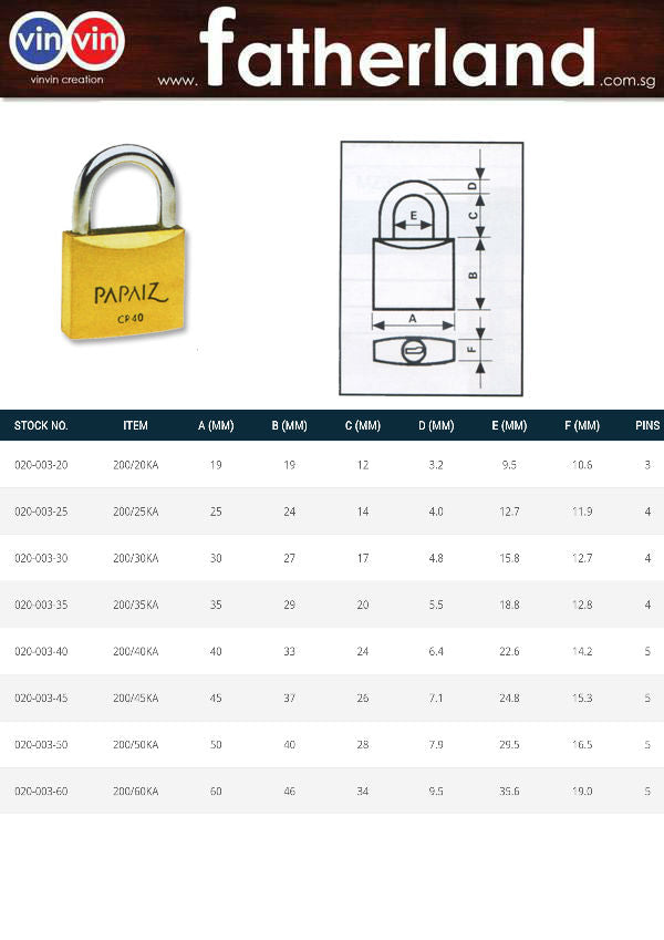 Papaiz 25mm Key Alike Padlock ( Made In Brazil ) - www.fatherland.com.sg